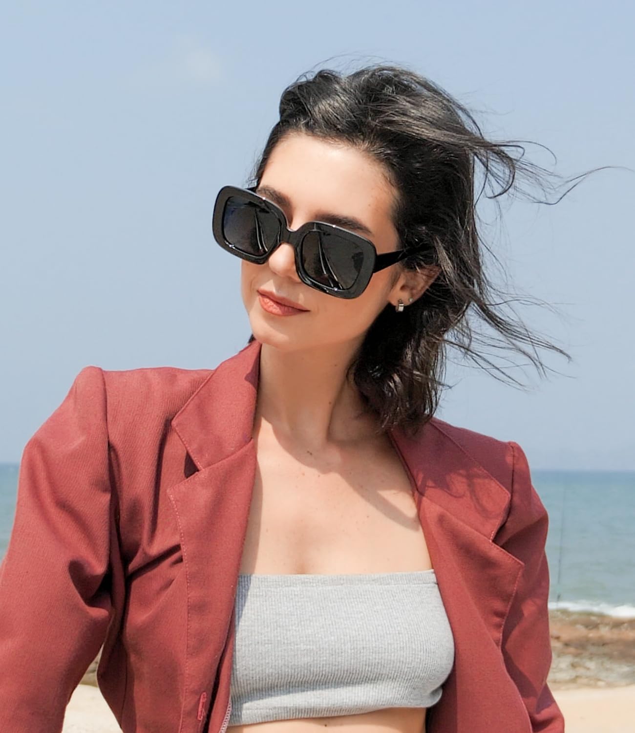 Oversized Polarized Sunglasses Square Shades: Trendy Large Big Ladies Sun Glasses - Luxury Vintage Black Sunglasses UV Protection