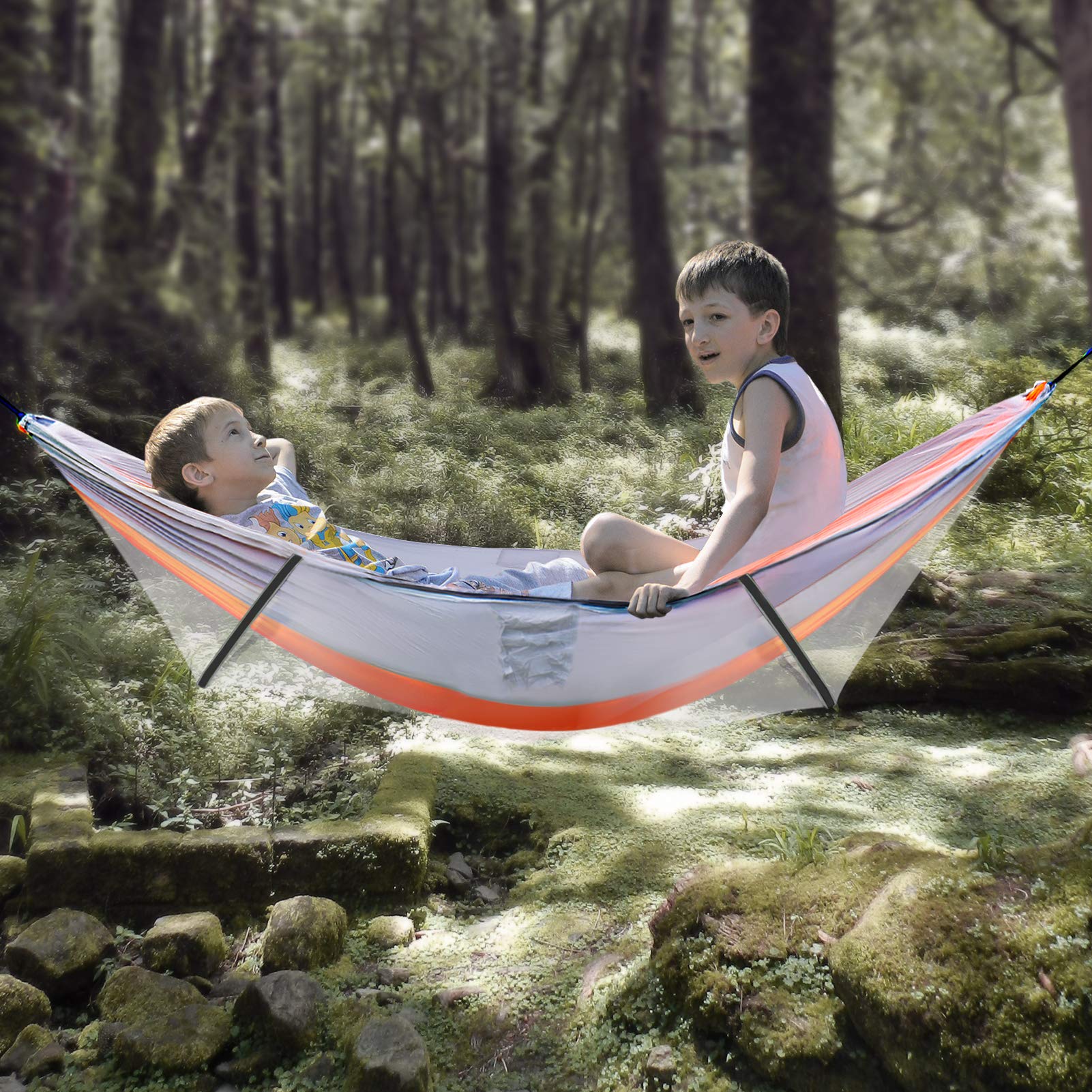 Large Camping Hammock with Mosquito Net, Lightweight Double & Single Hammock Tent for Camping Portable Travel Hammock Sturdy and 500lb Load-Bearing for Outdoor Hiking Backpacking Backyard Patio