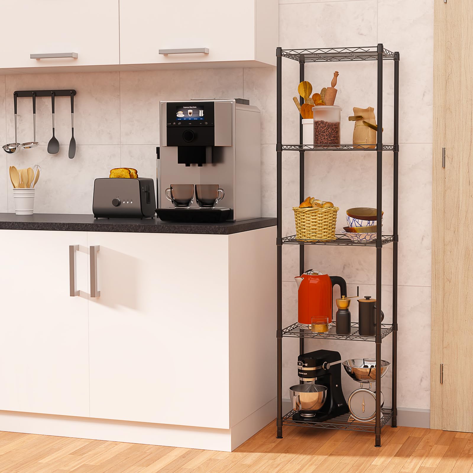 YisanCrafts 5 Tier Fixed Layer Spacing Storage Shelf Metal Storage Rack Wire Shelving Unit Storage Shelves Metal 660Lbs Capacity 17" L x 13" W x 63" H for Pantry Closet Kitchen Laundry Black