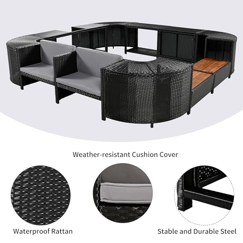 WOODRK Quadrilateral Outdoor Rattan Sectional Sofa Set with Mini Couch, Patio Conversation Sets with Wooden Seats and Storage Spaces, Spa Surround Frame for Gardern, Poolside, Gray