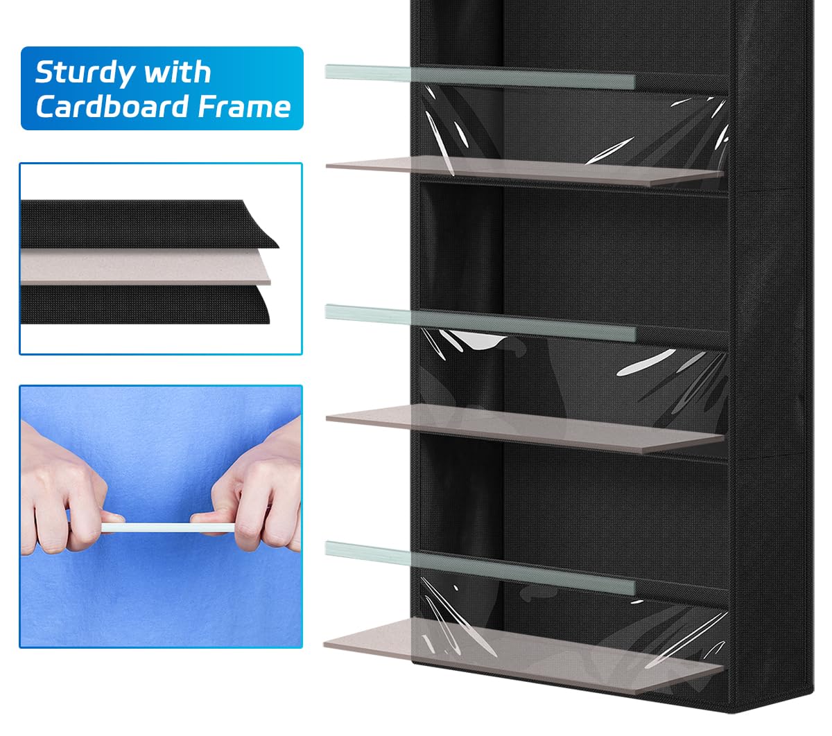 KEETDY Over the Door Organizer Storage Hanging Shelves for Closet Door with 5 Large Pockets Fits Bedroom, Bathroom,Dorm for Clothes Storage, Baby Diapers, Stuffed Animals, Black