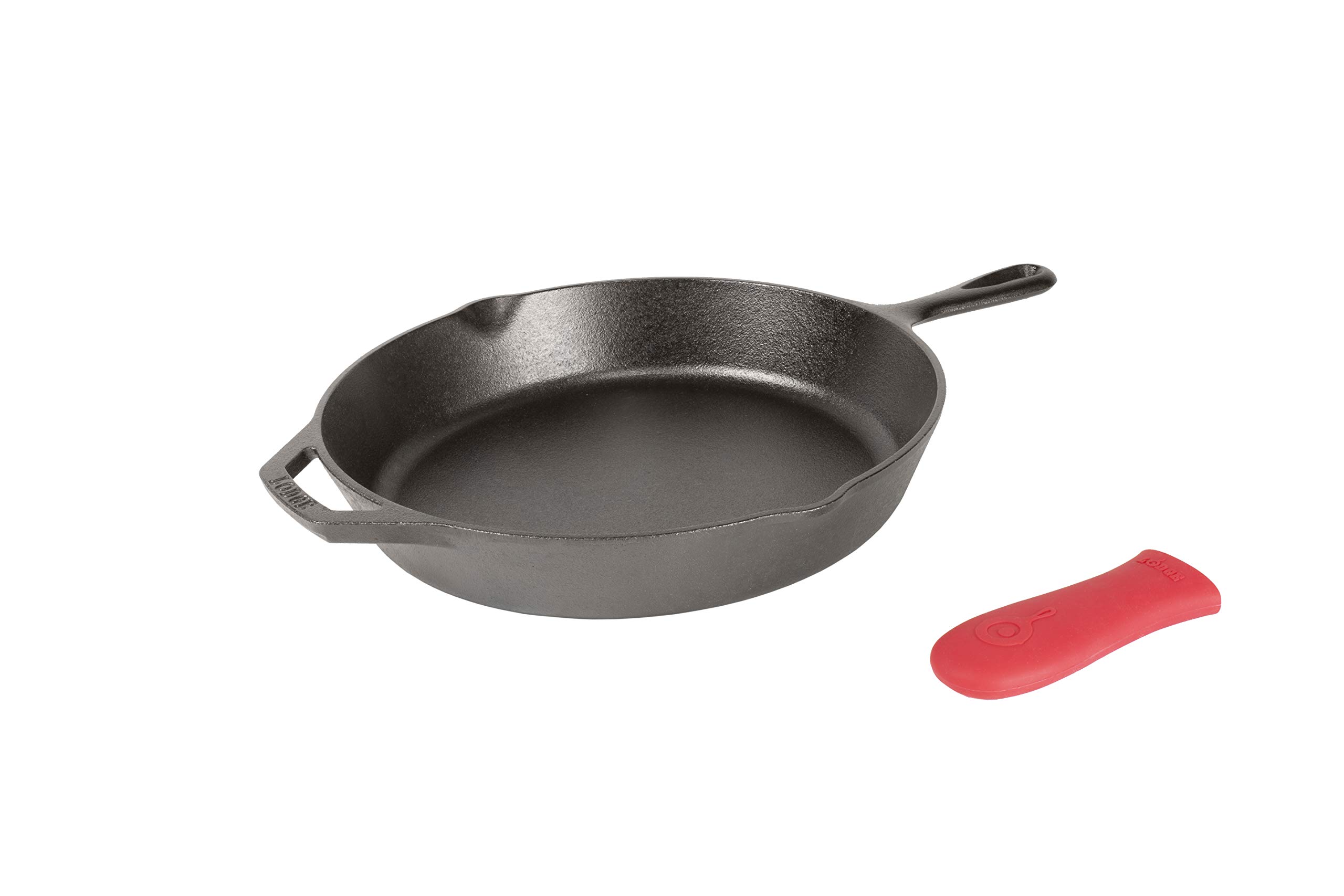 Lodge Cast Iron Skillet with Red Silicone Hot Handle Holder, 12-inch & Scrubbing pad, One, Red