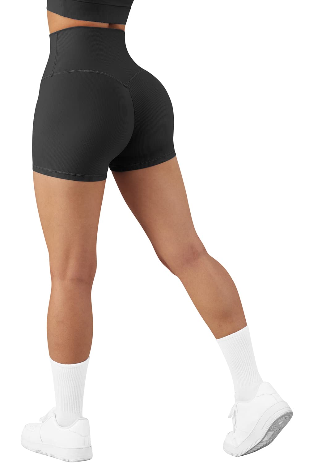 MOOSLOVER Women Ribbed Seamless Biker Shorts Butt Lifting High Waisted Workout Shorts(S,#1 Black)