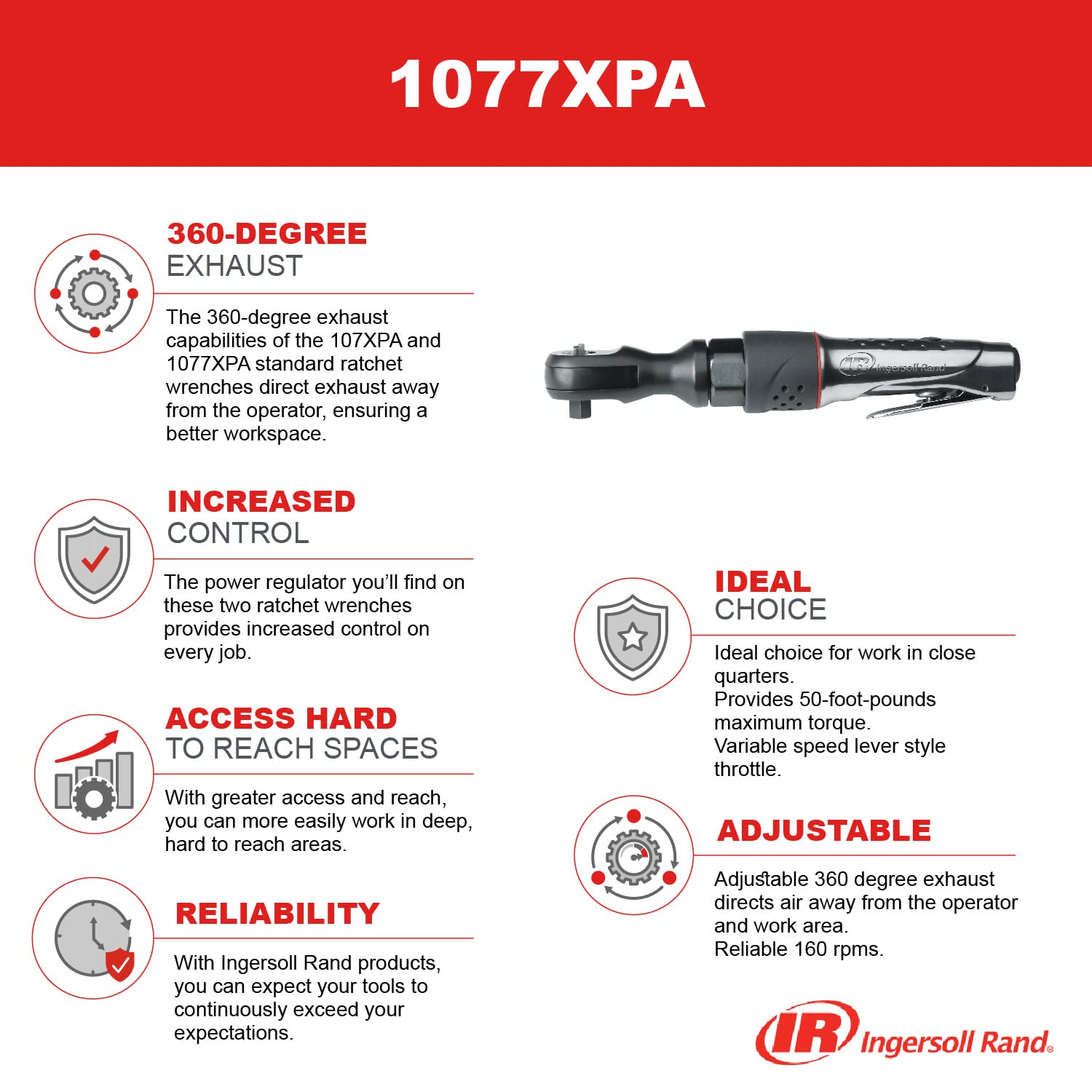 Ingersoll Rand 1077XPA 1/2" Air Ratchet Wrench, 54 ft-lb Torque, 160 RPM