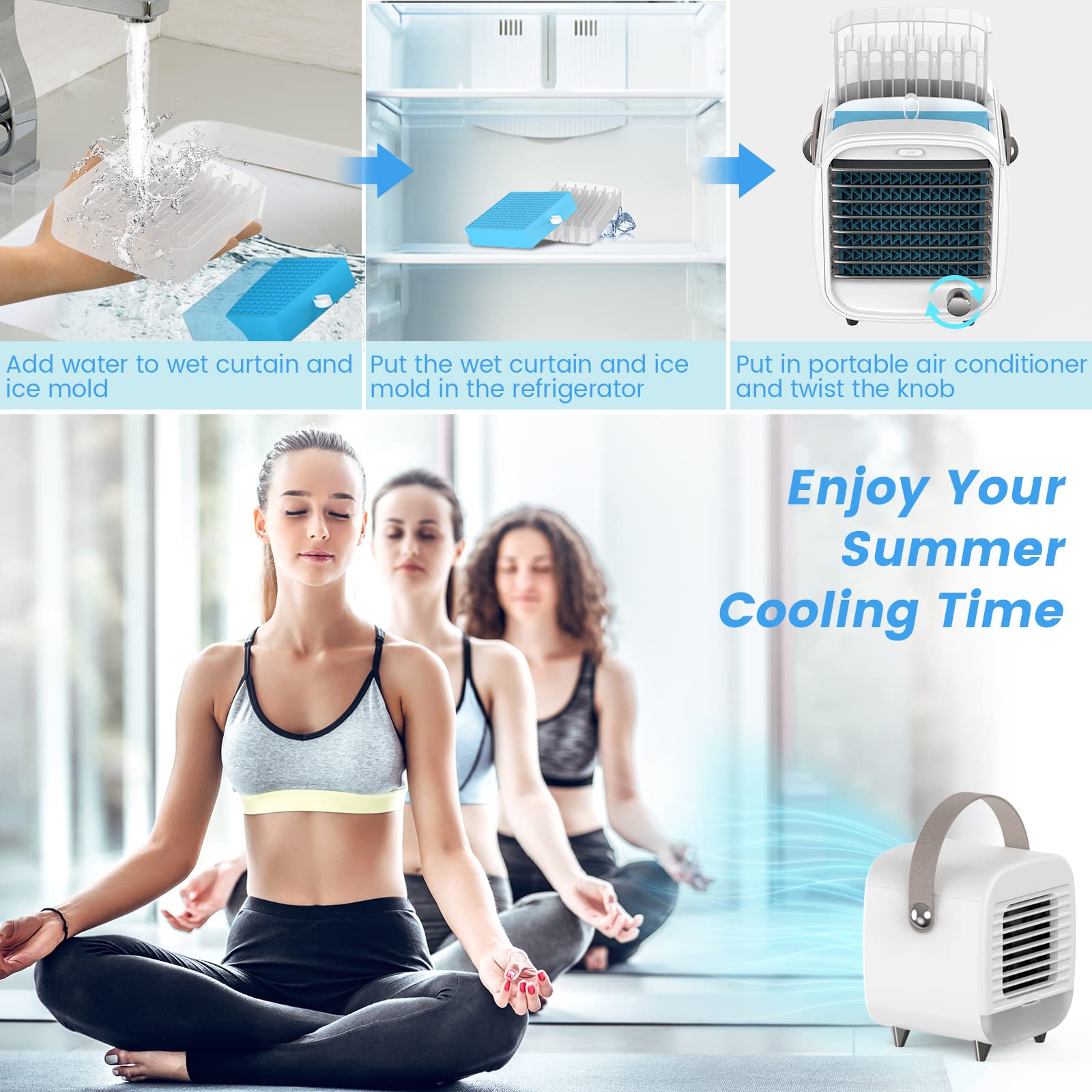 Portable AC, Mini Portable Air Conditioner for Bedroom Room Desk Office Car Camping, Small Personal Cooler Evaporative Air Cooler USB Power LED Light Low Noise