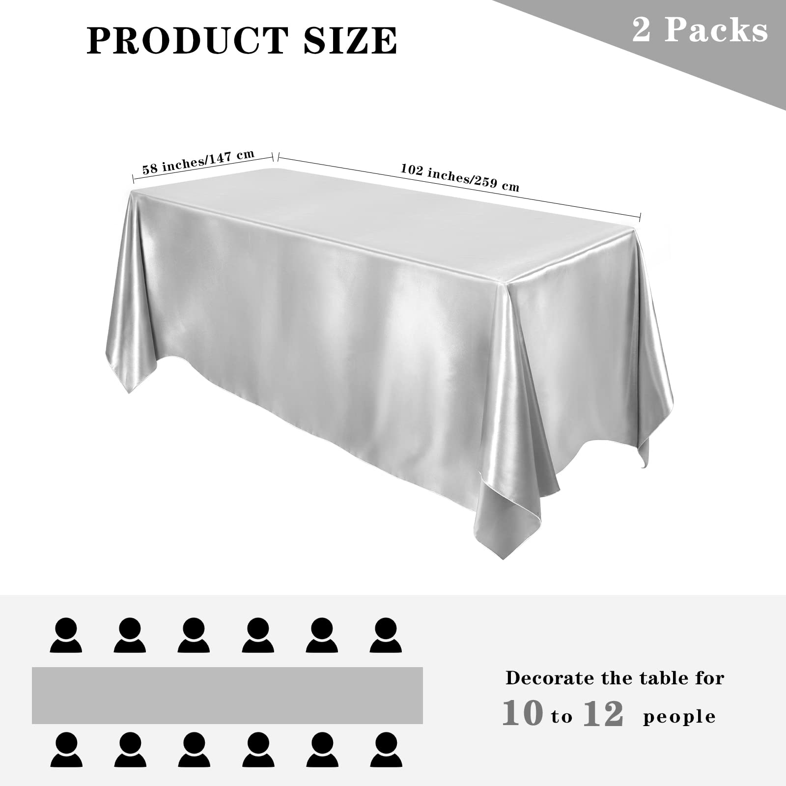 MCEAST 2 Packs Satin Tablecloth 102 x 58 Inches Rectangular Table Overlay Cover Bright Silk Tablecloth Smooth Fabric Table Decor for Wedding Banquet Table Decoration (Silver)