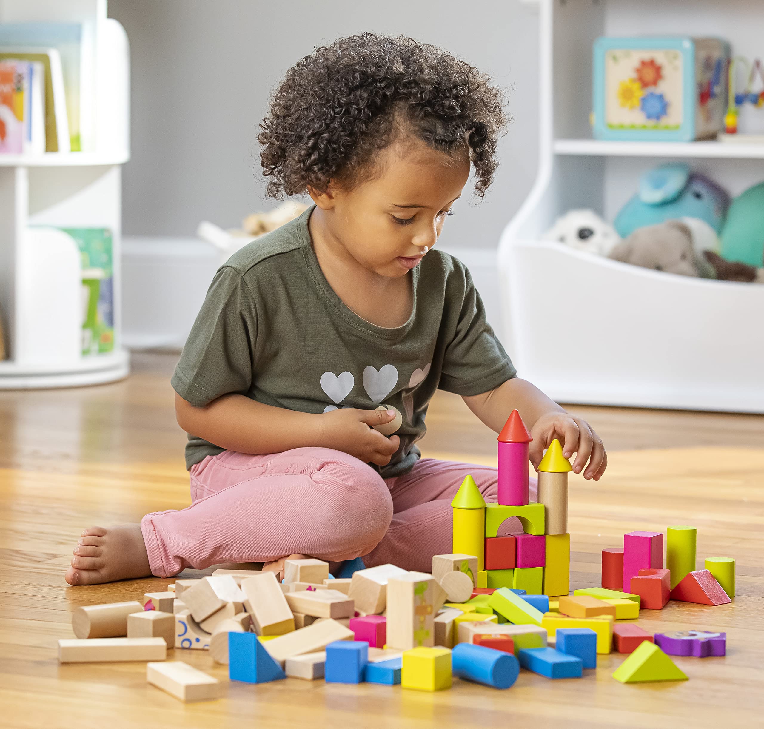 Pidoko Kids Baby Shark Toys - Wooden Blocks 100 Pcs - Includes Storage Container - Building Blocks Set for Toddlers