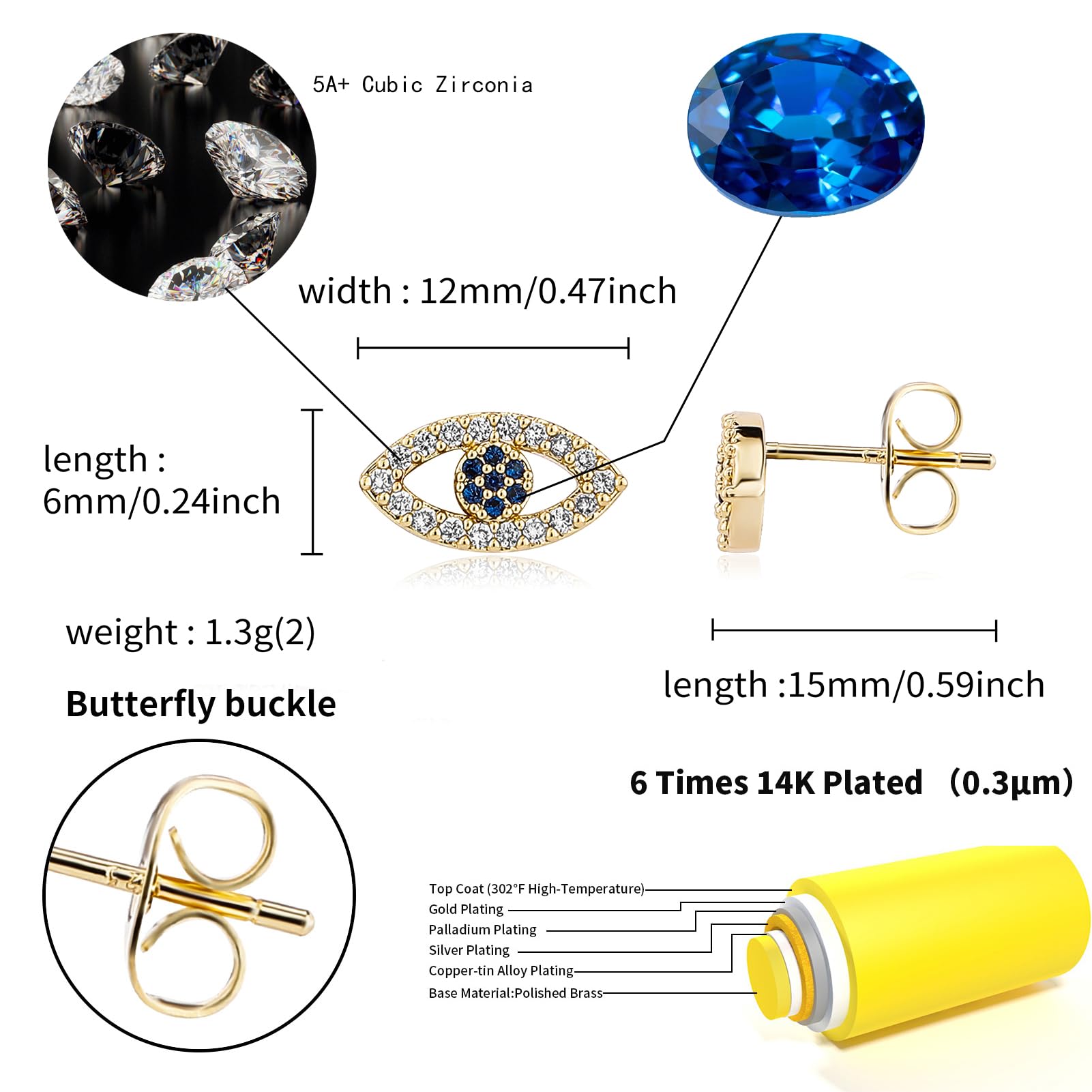 OYOGAA 18K Gold Blue Evil Eye Stud Earrings Fully Iced Out Diamonds Cubic Zirconia 925 Sterling Silver Tiny Cute Small Daily Eye Stud Earrings For Men Women (Gold)