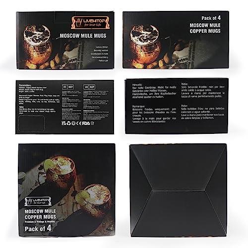 LIVEHITOP Moscow Mule Mugs Gift Set of 4, 19.5Oz Copper Cups with Copper Coasters, Bar Spoon, Jigger, Straws, Brush for Cold Drinking, Party, Home Bar