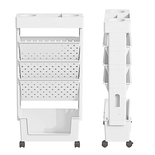 yeavs 5-Tier Mobile Bookshelf, Rolling Bookcase Book Storage Rack, Movable File Folder Organizer Cart with Wheels for Home Study Office Living Room Classroom, White