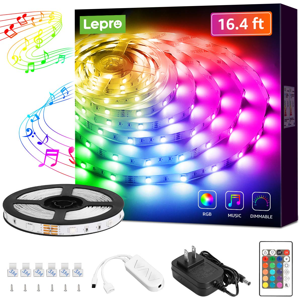 Lepro Music LED Strip Lights, 16.4ft RGB LED Strips with Remote Sync to Music, 5050 SMD LED Color Changing Strip Light for Halloween Decorations, Bedroom, Home, TV, Parties and Festivals