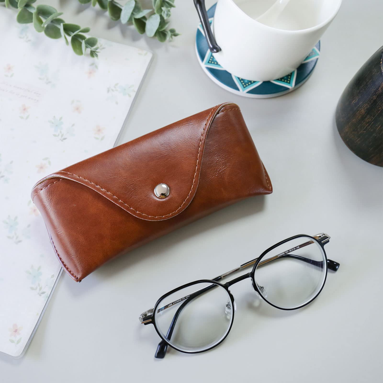 LogHog Portable Leather Glasses Case,Mother's Day Gifts Durable Soft Sunglasses Pouch Slim Case for Women Men Horizontal Eyeglass Case (Button - Brown)