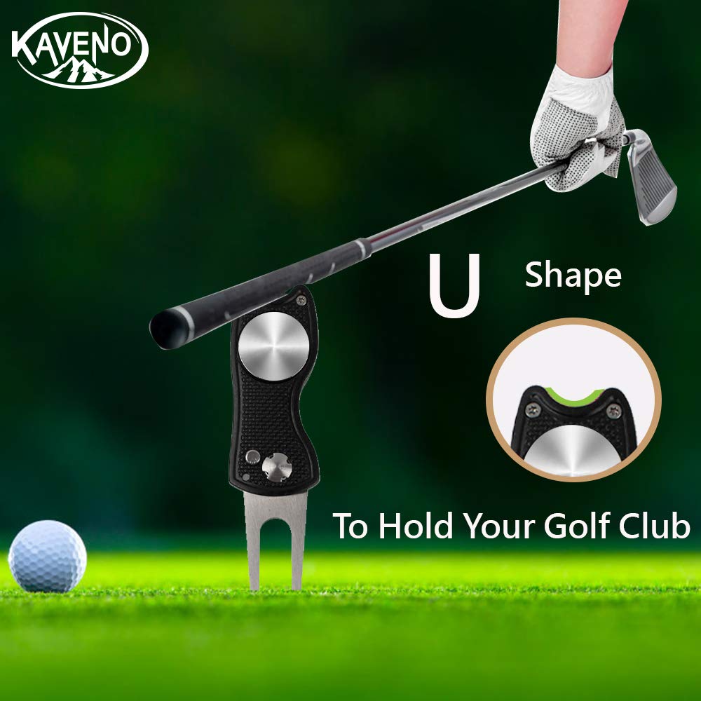 kaveno Golf Divot Repair Tool, Foldable Pop-up Button Stainless Steel Switchblade & Detachable Golf Ball Marker (Lime Green Fish 1 SET)