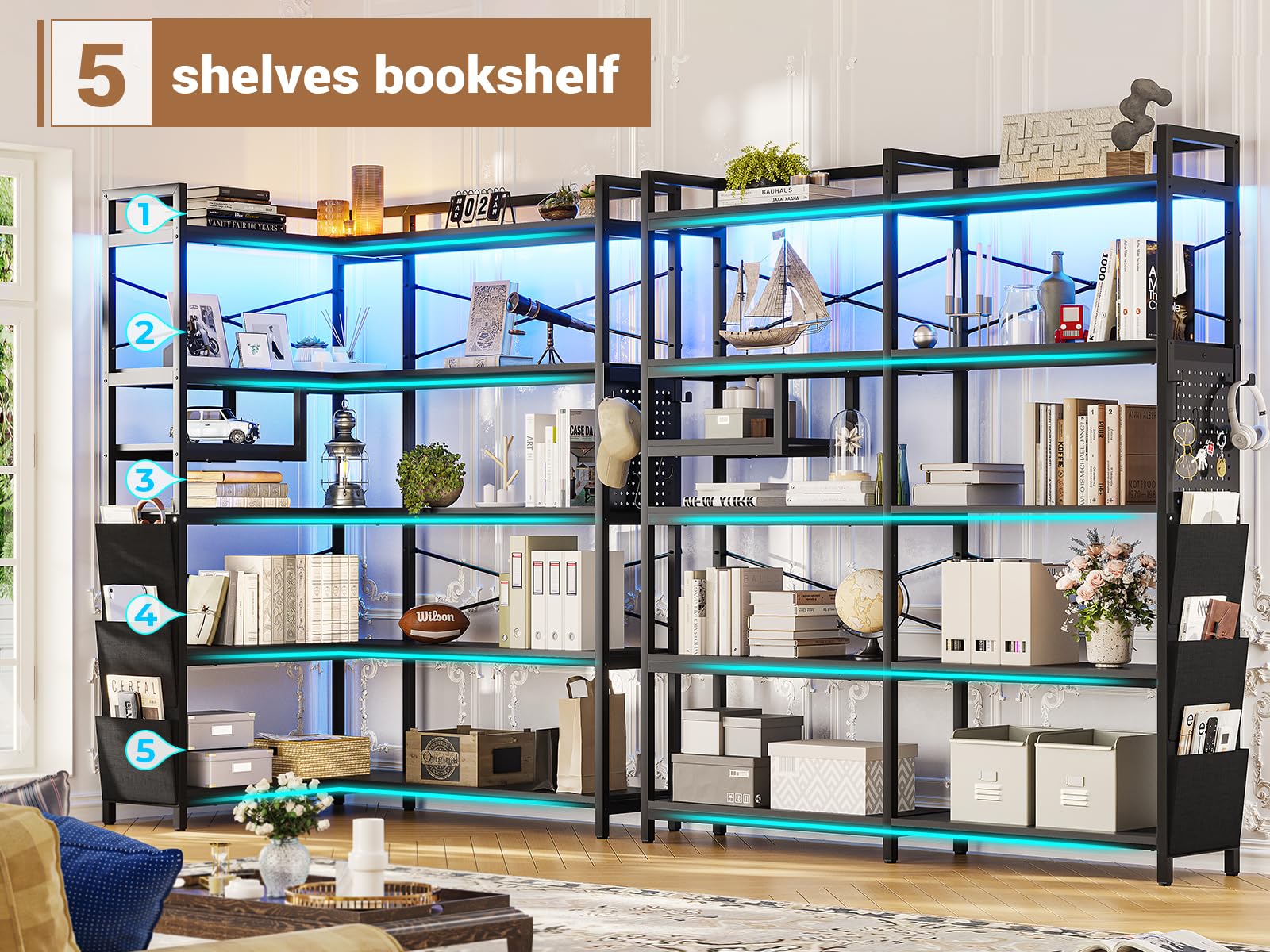 Itaar 5-Tier Book Shelf, Reversible 70.8" W Bookcase Storage Shelves or Corner Bookshelf, Bookshelf with LED Light, 2 Pegboards, Storage Bag & 4 Hooks for Bedroom, Black