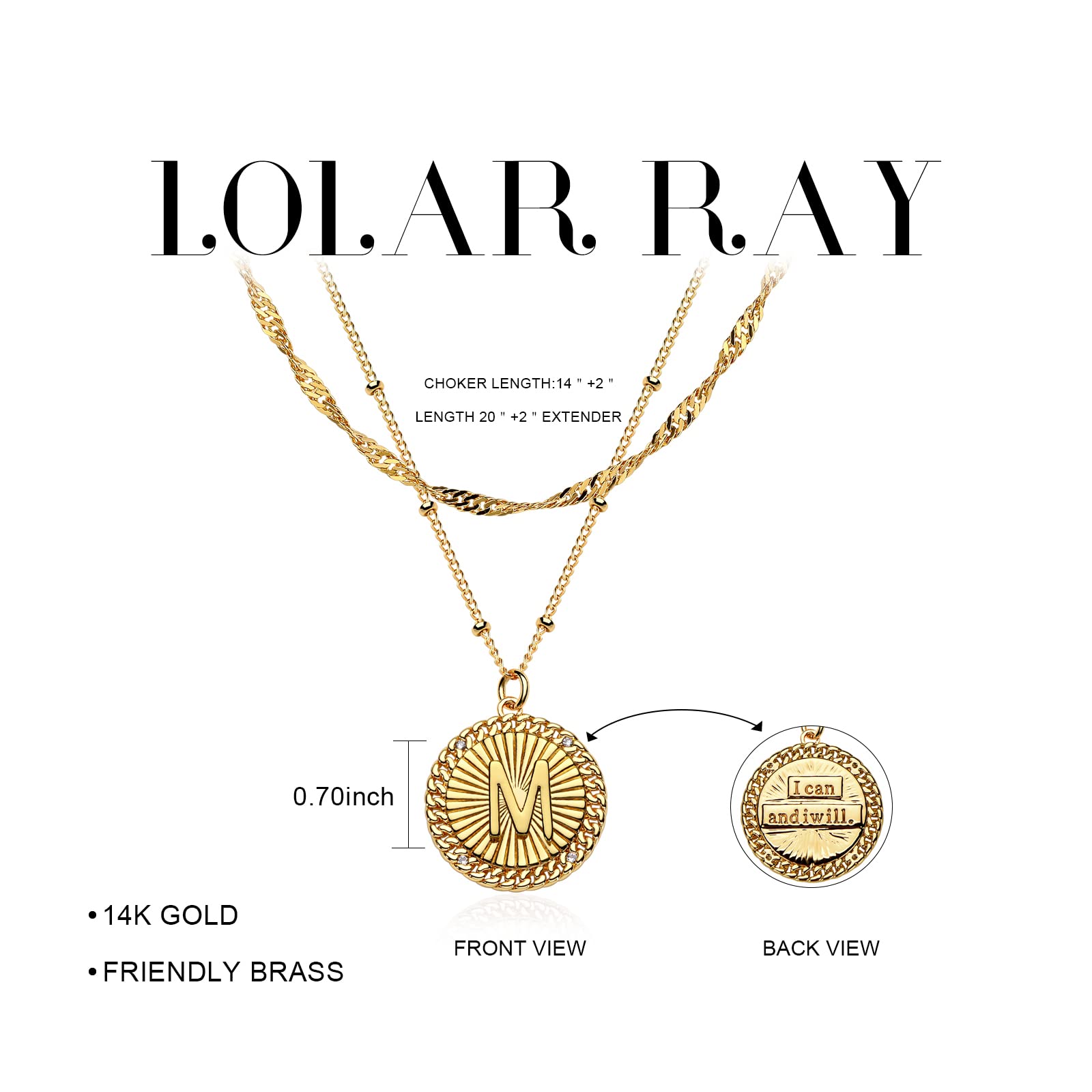 LOLAR RAY Layered Initial Necklace Set Gold Coin Disc CZ Initial Pendant 14K Gold Plated Dainty Water Ripple Link Chain Choker Necklace Personalized Jewelry Gift for Women Letter M