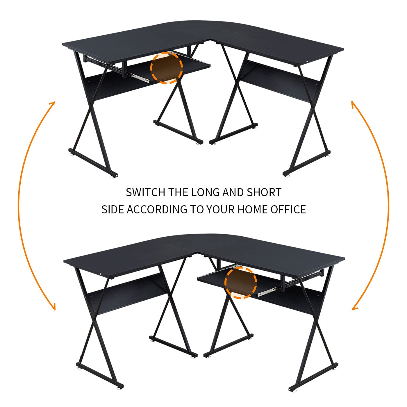 L Shaped Desk with Keyboard Tray Reversible Gaming Desk Corner Computer Desk for Home Office, Black Wood & Steel Frame Writing Study PC Workstation Table for Small Space