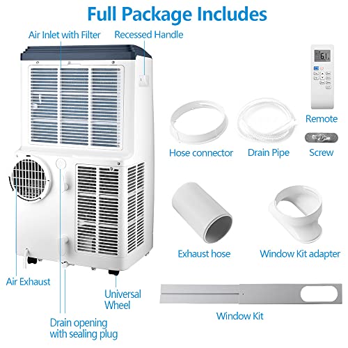 Portable Air Conditioner, Rintuf 2022 14000 BTU ASHRAE Portable AC Cools to 700 Sq.ft Room, AC Unit for Cooling & Dehumidifier & Fan, With LED Display Remote Control, Window Kits, Universal Wheels