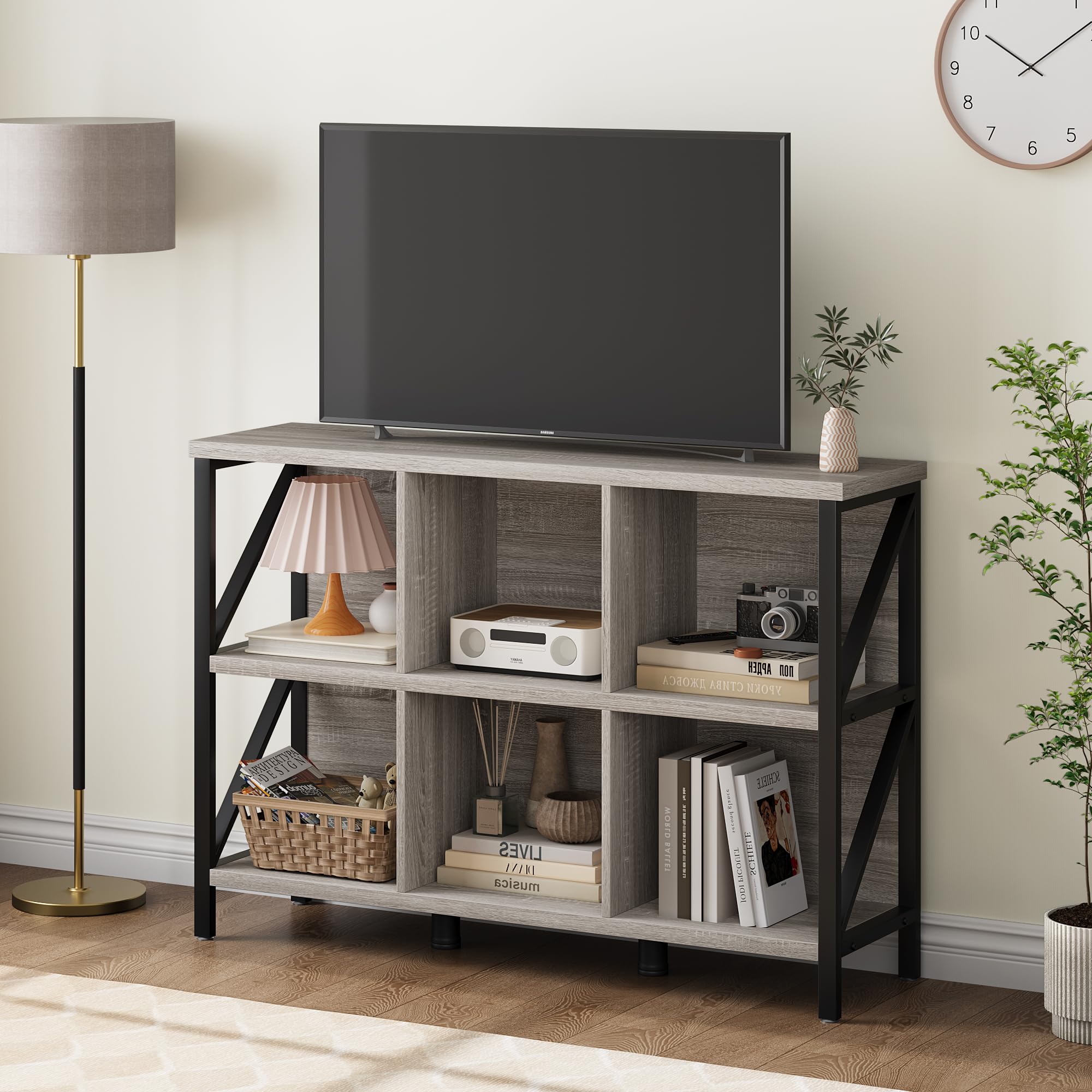 Wpond 6 Cube Storage Organizer, Industrial Horizontal Bookshelf with Metal Frame, Thick Wooden Low & Long Bookshelf for Living Room/Office/Bedroom - Rustic Brown