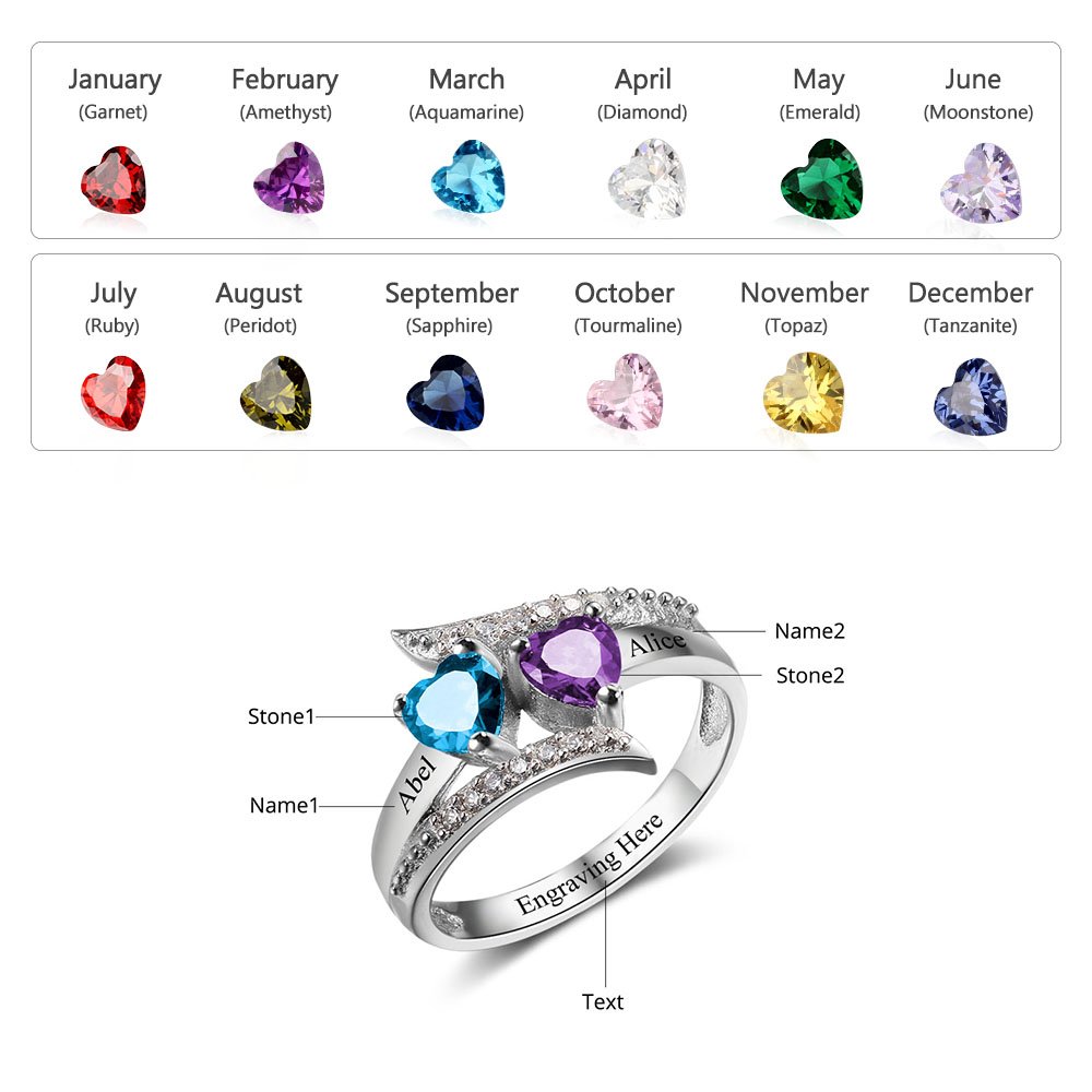 JewelOra Personalized 2 Simulated Birthstones Engagement Promise Ring For Her Couple Friendship Rings for Women (Silver, 7)