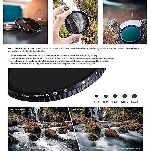 K&F Concept 62mm Fader ND Filter Neutral Density Variable ND2 to ND32 ND2-ND32 for Camera Lens NO X Spot Nanotec Ultra-Slim Weather-Sealed