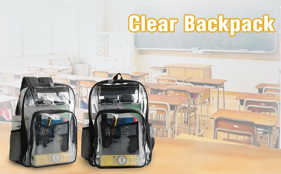 LEUCOTHEA Clear Backpack - Heavy Duty PVC Transparent Backpack for Adults, See Through With Reinforced Straps Backpack Clear Bookbag for School Sports Work Travel College Black Clear Backpack