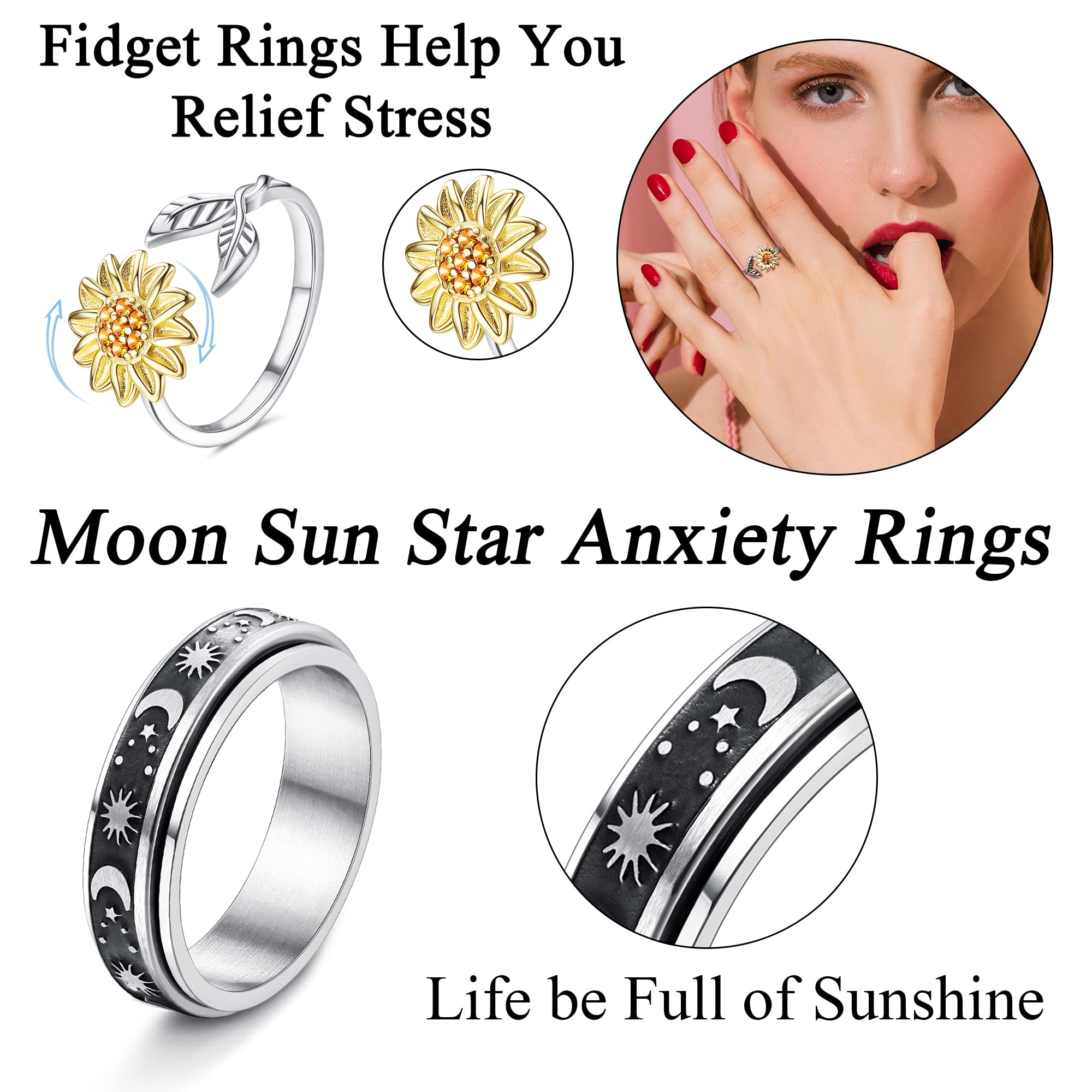 Magitaco 11Pcs Fidget Ring for Anxiety Stainless Steel Fidget Anxiety Rings for Women Men Moon Star Flower Spinner Rings for Anxiety Bead Stress Relief Spinning Stackable Ring Anxiety Ring