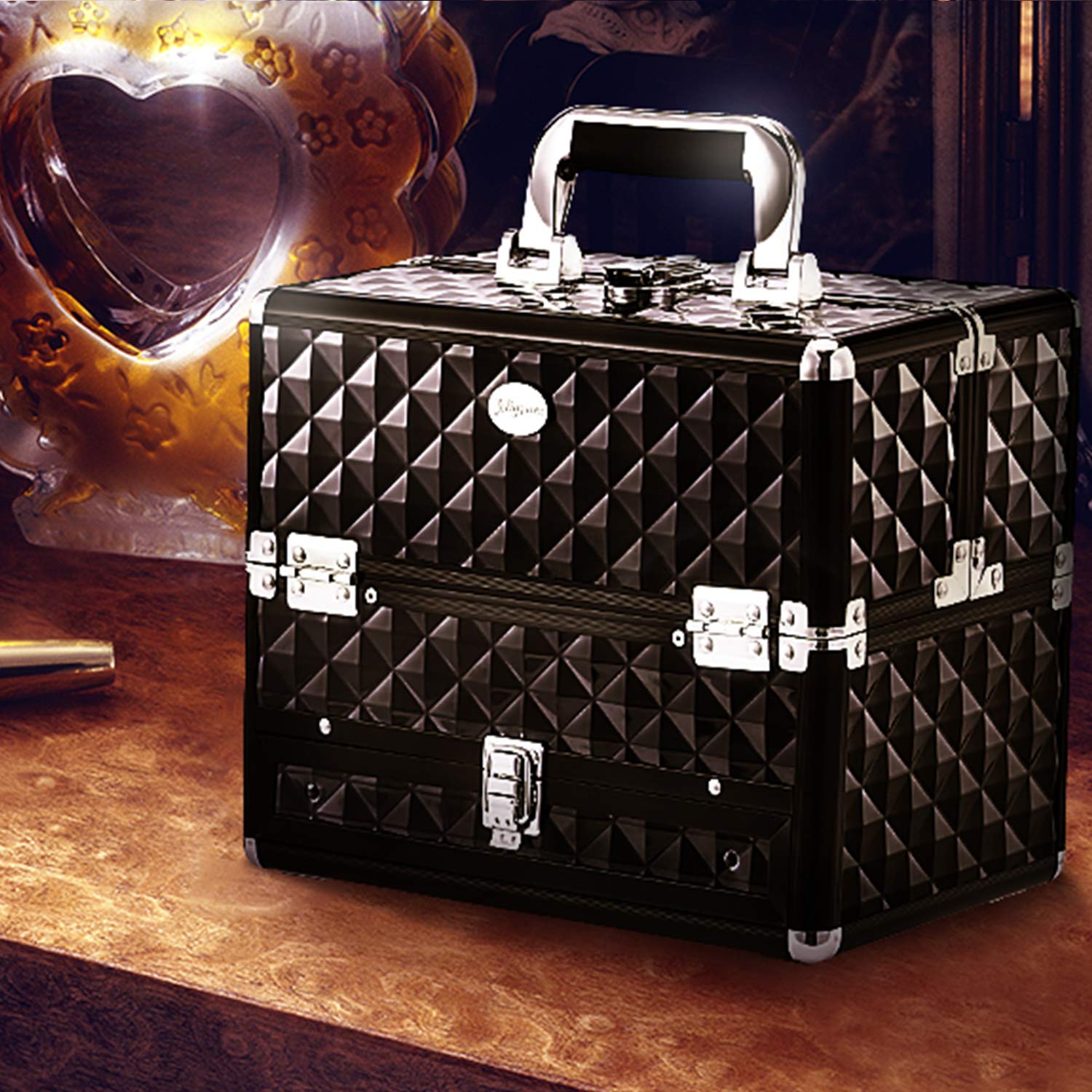 Joligrace Makeup Train Cases Professional Travel Makeup Cosmetic Cases Organizer Portable Box with Drawer Black