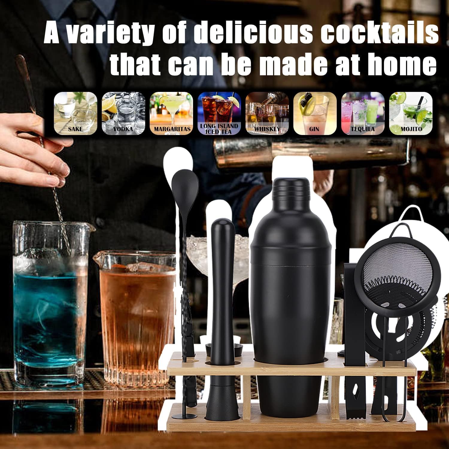 OBALY Bartender Kit 11-Piece Cocktail Shaker-Muddler for Cocktails 25oz Boston Shaker-Bar Accessories with Stylish Bamboo Stand Mix Drink Shaker kit Perfect Martini kit with Cocktail Recipes Booklet