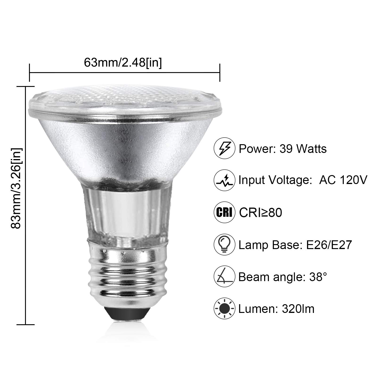 Lustaled 6 Pack PAR20 39W Halogen Bulb Dimmable, E26 Base Range Hood Light, Flood Light Bulbs High Output Reflector Warm White 2800K 320lm AC120V for Vent Hood Recessed Light Bulbs