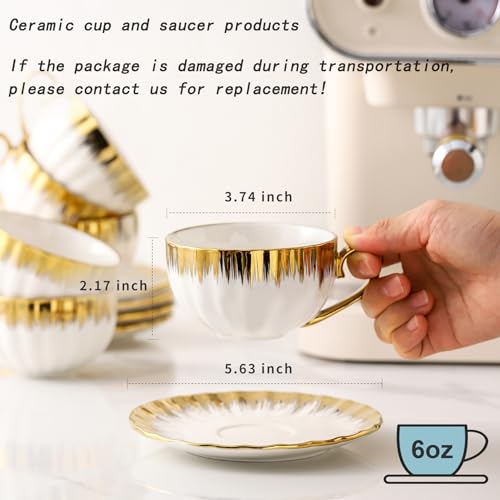 LETAOTAO Cappuccino Cups with Saucers, Ceramic Coffee Cup with Gold Trim, 6 oz for Double Espresso, Latte, Cafe Mocha, Tea,Set of 6,White