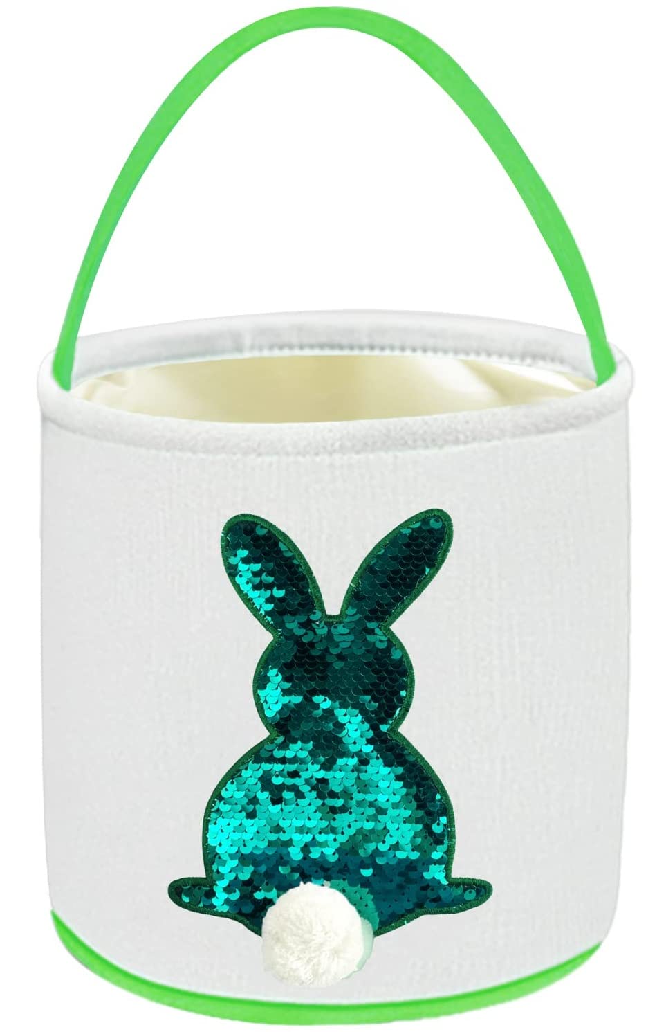 Jolly Jon Easter Bunny Basket Bag - Green to Silver Sequin Colors - Kids Easter Egg Hunt Baskets - Color Changing Reusable Party Bags - Rabbit with Cotton Tail Canvas Tote