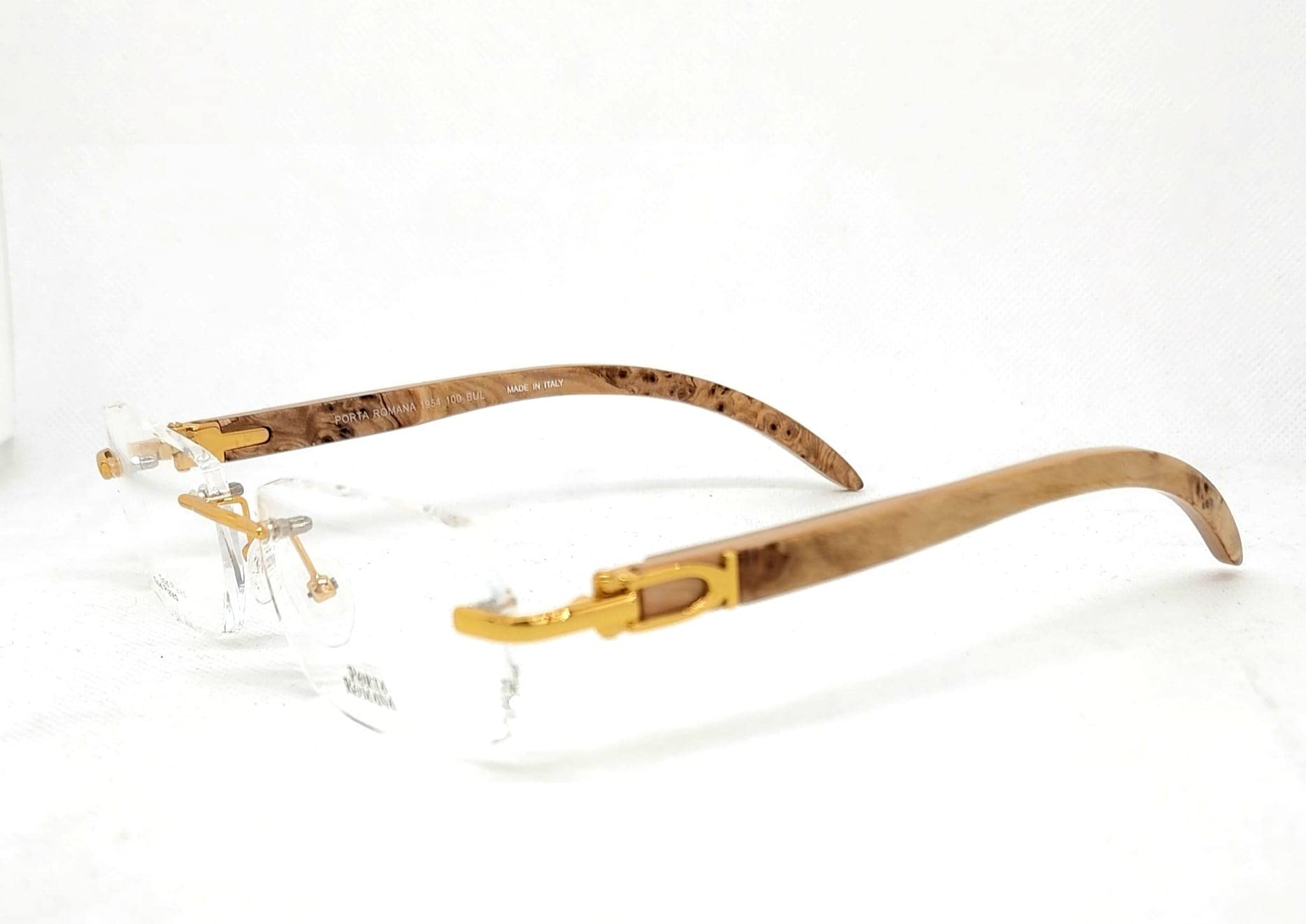 Porta Romana Model 1954- Gold Plated Frame with Burl Light Lacquered Wood Prescription Eyeglass Frames
