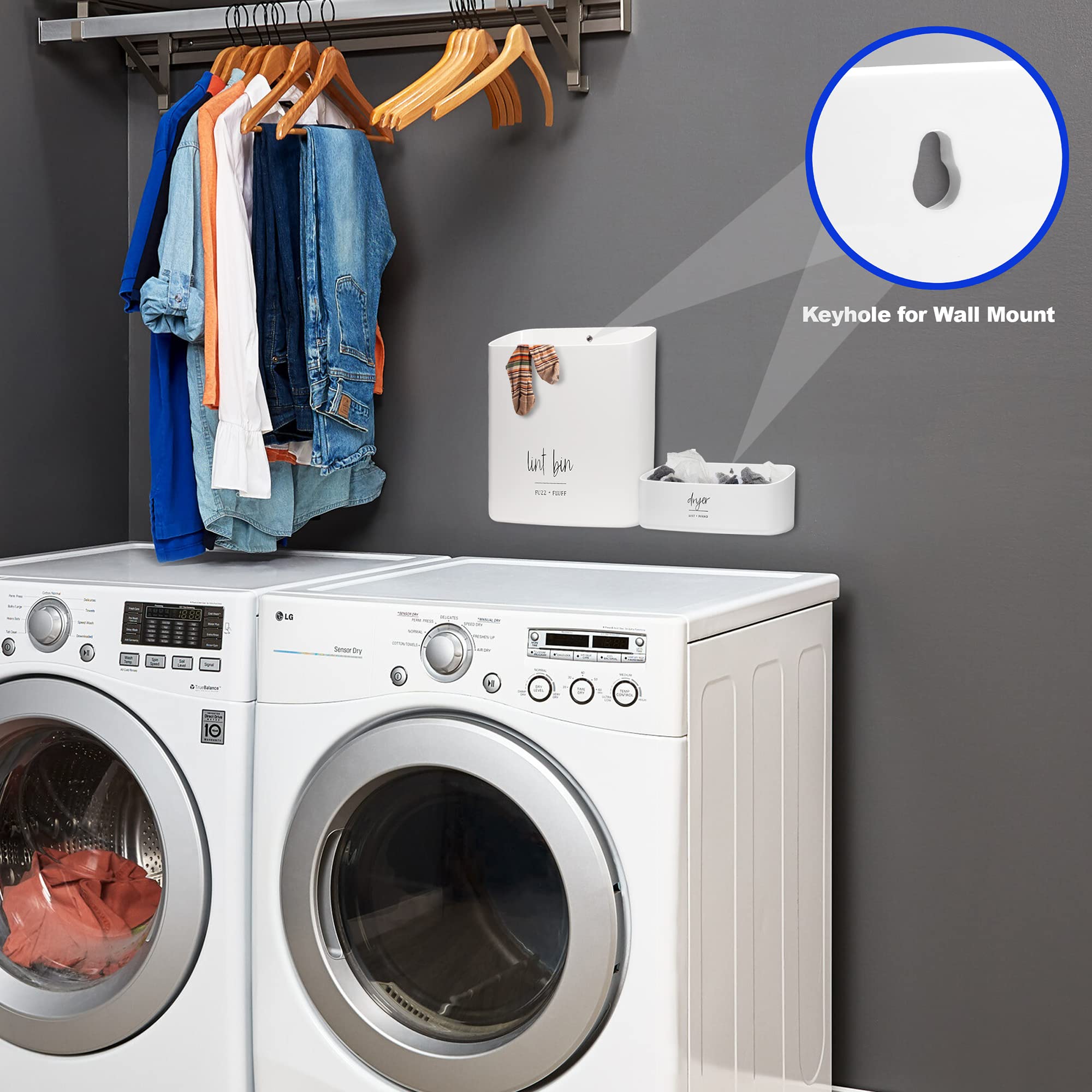 Magnetic Lint Bin for Laundry Room Organization and Storage (2 Piece Set), Waste Holder and Storage Decor, Saves Space with Magnet Mount onto Dryer or Wall Mount Options