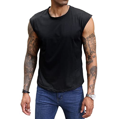 Men's Workout Tank Tops Sleeveless Muscle Cut Off Shirts Bodybuilding Gym Shirt Black