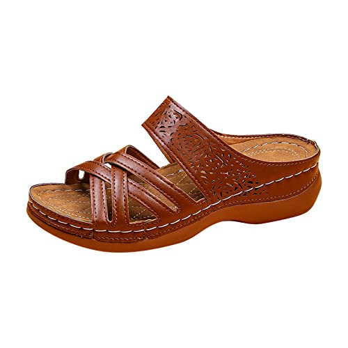 sckarle Women Slides Soft Faux Leather Wedge Sandal Crisscross Strap Hollow Breathable Arch Support Comfortable Platform Sandal