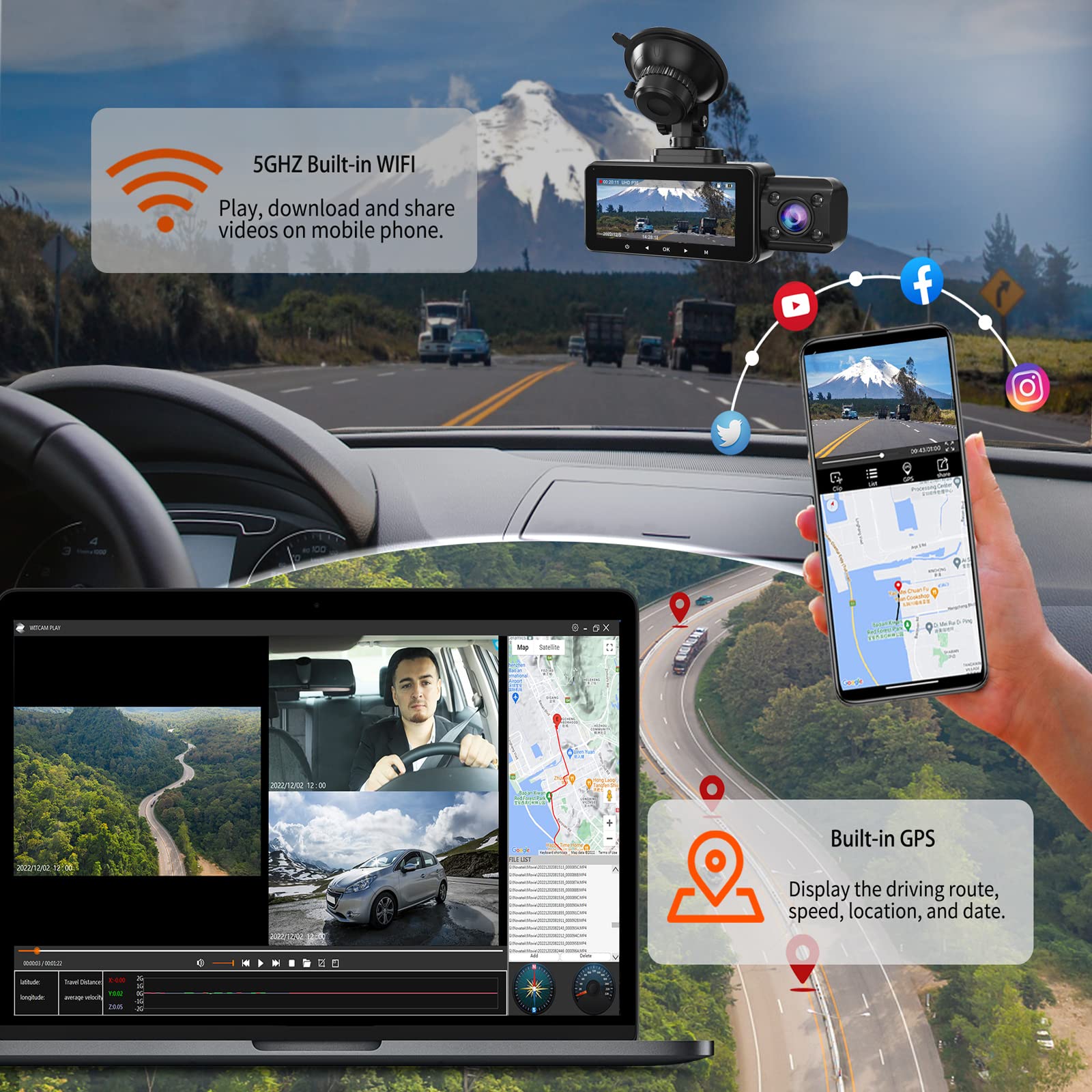 LANMODO 2ch D1 4K Dash Cam and 11.5ft Dashcam Hardwire Kit Bundle, 5G WiFi GPS App, Front 4K Inside 2.5K, Loop Recording, IR Night Vision, WDR, 24hr Parking Mode, G-Sensor Motion Senser, Support 512GB