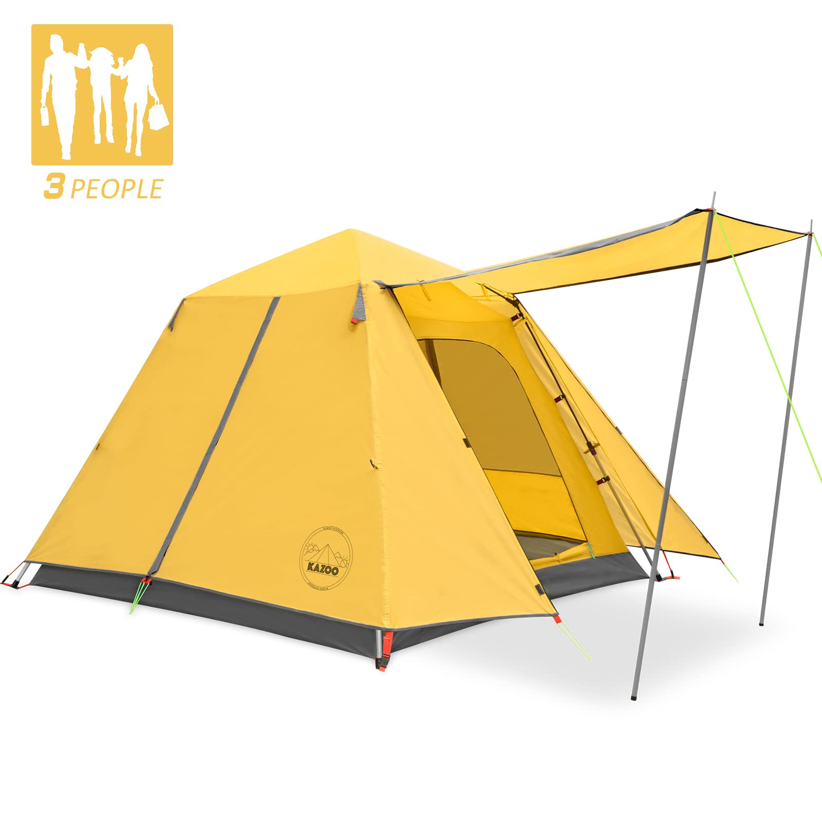 KAZOO Camping Tents 3 Person Waterproof Instant Tents 3 People Cabin Tent Easy Setup with Sun Shade Automatic Aluminum Pole