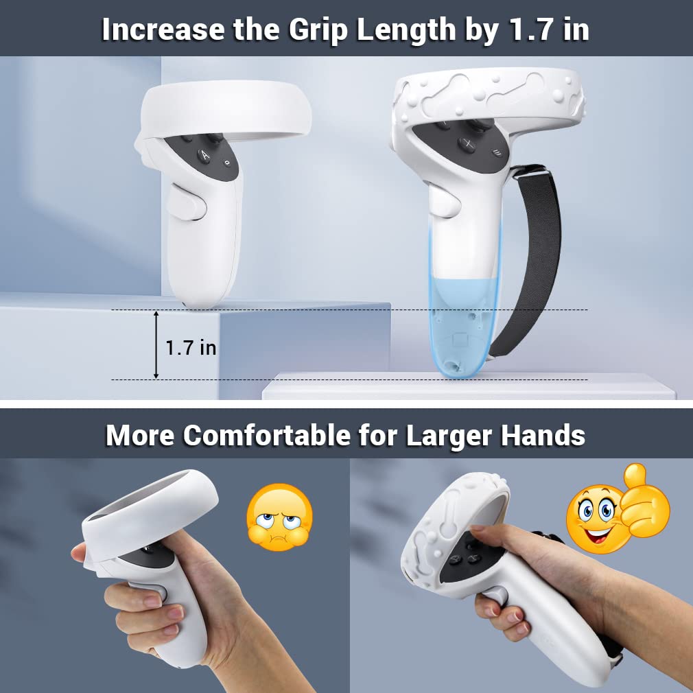 Protector for Oculus Quest 2 Controller Grips for Large Hands, Controller Accessories for Oculus Quest 2, with Knuckle Controller Straps, Silicone/ABS Cover with Battery Opening, Extend 1.7in, White