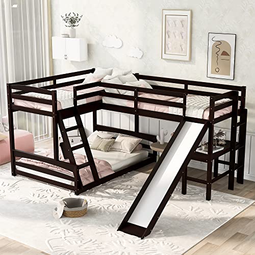 Woanke Twin Over Full Bunk Bed with Twin Size Loft Bed, L-Shaped Wooden Twin Size Loft Bed Frame with Desk, Slide & Full-Length Guardrail for Kids Teens Adults Bedroom, No Box Spring Needed, Espresso