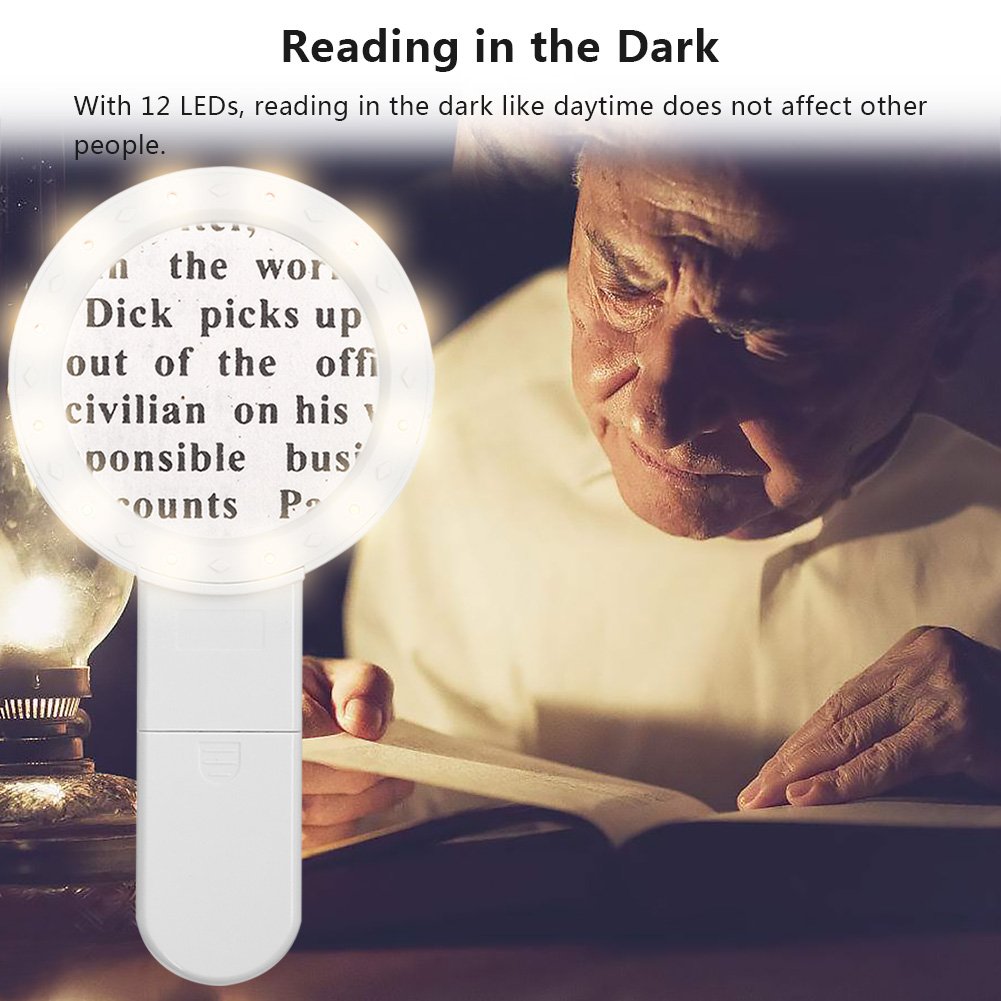 Magnifying Glass with Light, 30X Illuminated Large Magnifier Handheld 12 LED Lighted Magnifying Glass for Seniors Reading, Soldering, Coins, Jewelry, Macular Degeneration(Silver Button)