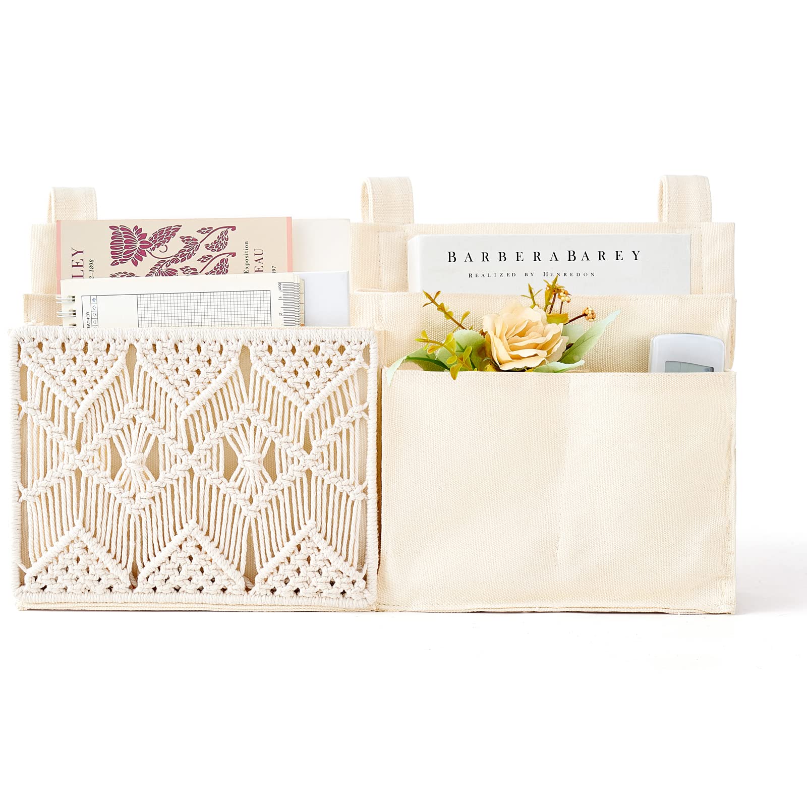 Mkono Bedside Caddy Hanging Organizer, Bunk Woven 7 Pockets Bed Storage Bag Boho Remote Magazine Books Holder with Macrame for Loft Bed College Dorm Bedroom Baby Bed Rails, Ivory