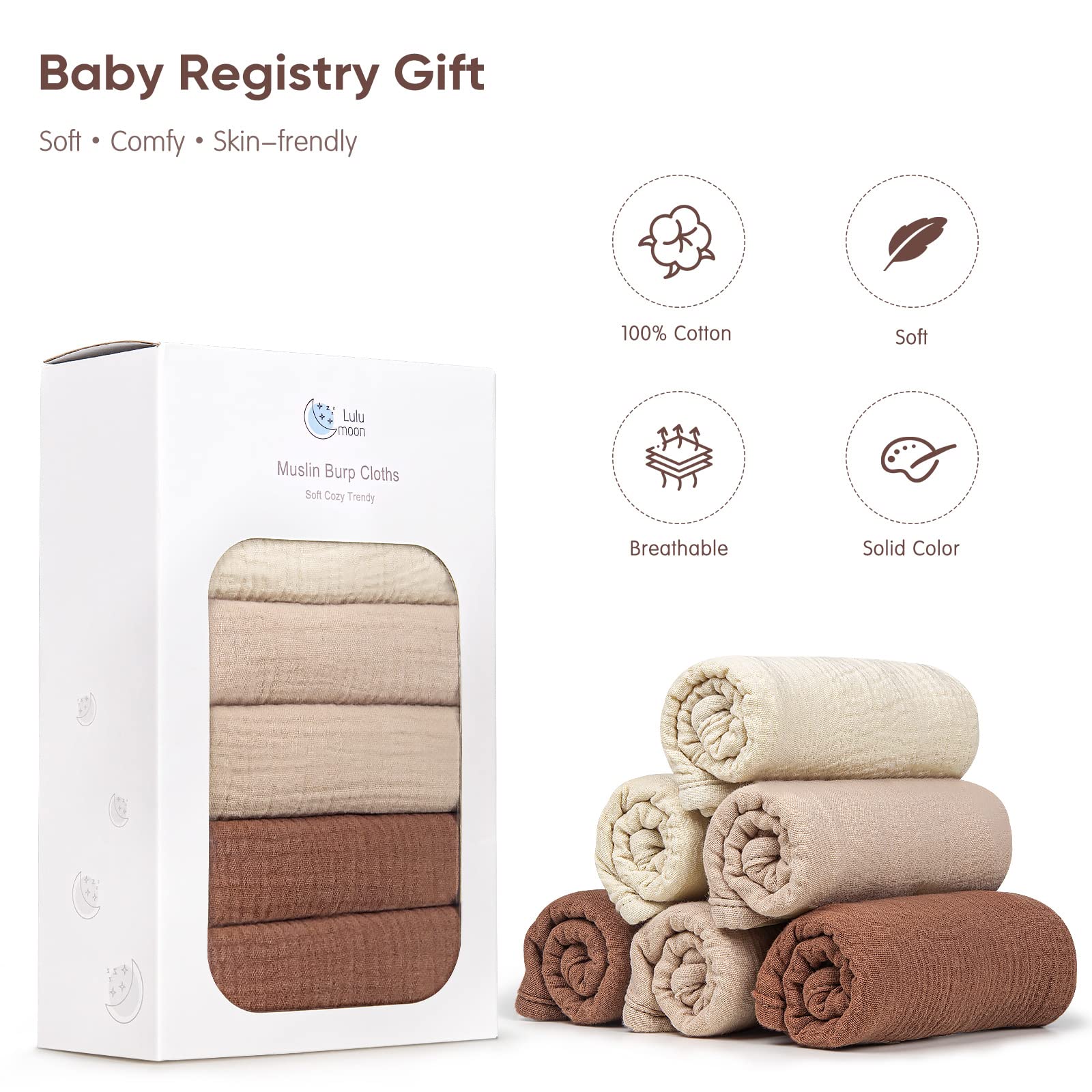 lulumoon Muslin Burp Cloths Sets - Large Cotton Burping Cloth Super Soft and Absorbent for Baby Boys and Girls 6pack (Brown)