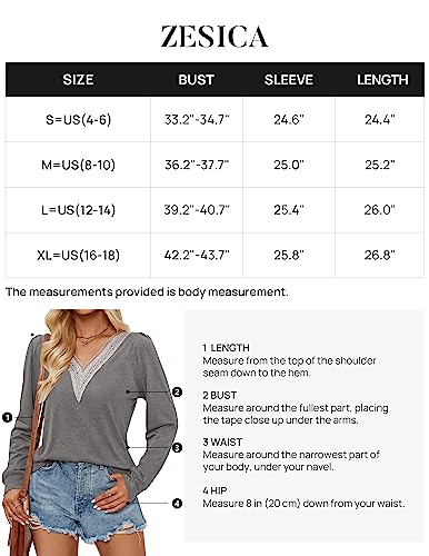 ZESICA Women's 2023 Casual Long Sleeve T Shirts Lace V Neck Trendy Basic Tops Summer Fall Tee Blouse,Grey,Large