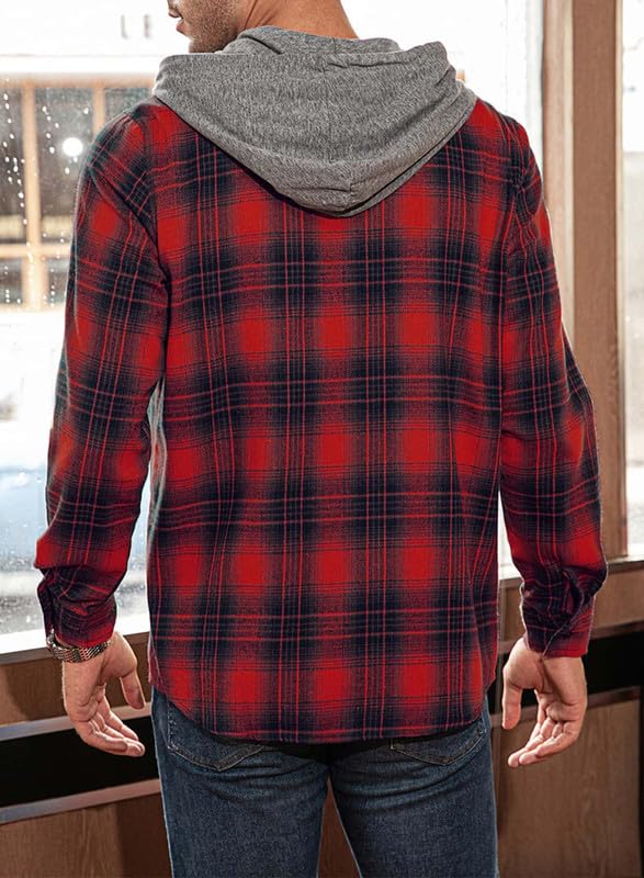 JMIERR Flannel Hoodies for Men Casual Button Down Plaid Long Sleeve Lightweight Winter Shirts Jackets,US 46 (XL),0Red