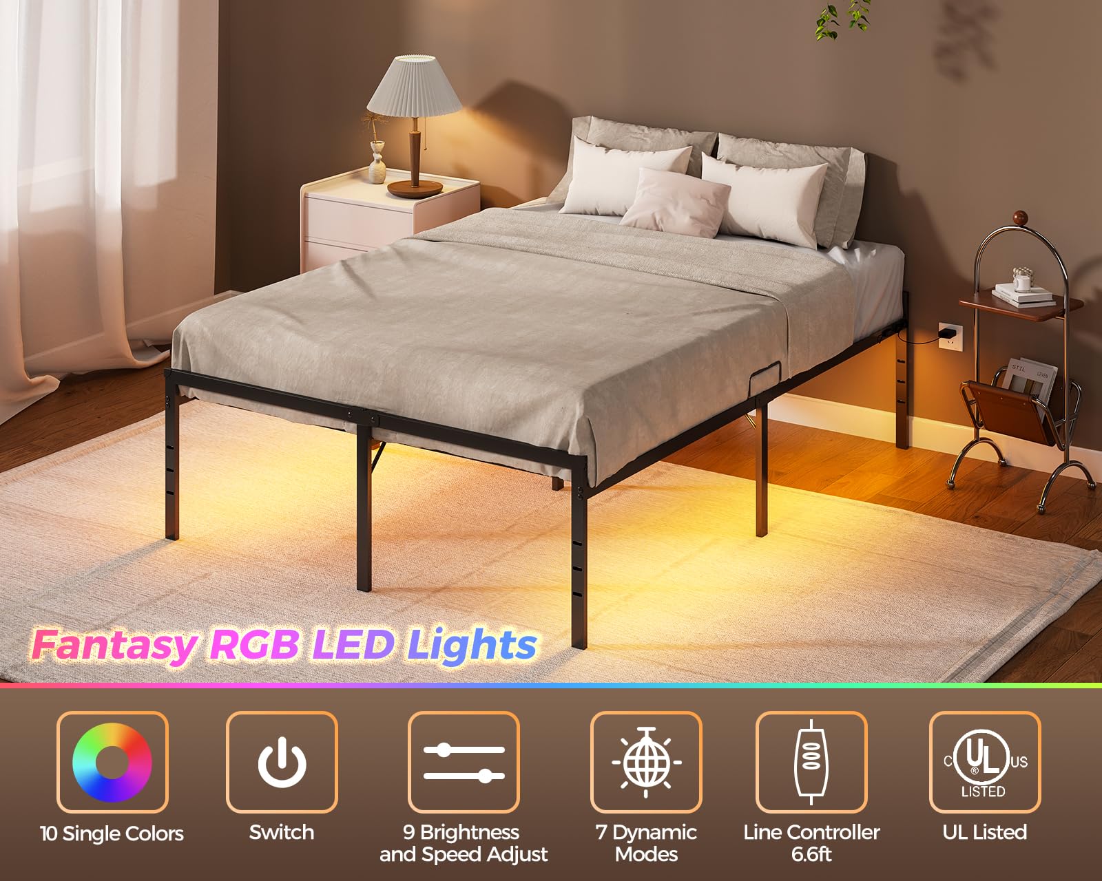 KKL Queen Bed Frame with LED Lights, Heavy Duty Steel Platform Bed Frames with Mattress Retainer Bar, 18 Inch Storage Space Beneath Bed, No Box Spring Needed, Easy Assembly, Noise Free
