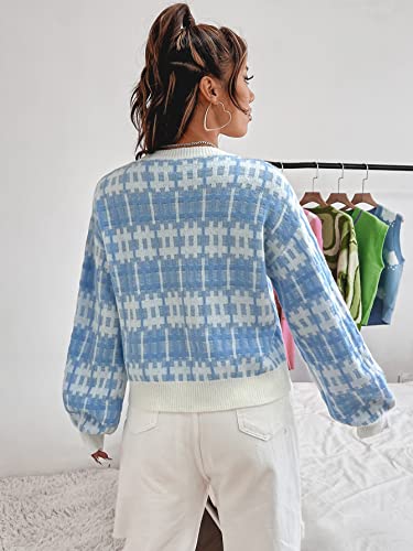 WDIRARA Women's Plaid Pattern V-Neck Long Sleeve Drop Shoulder Pullovers Sweater Blue M