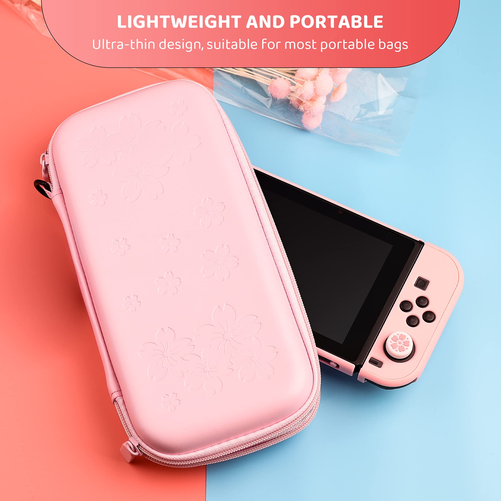 LASTYAL Protective Cover Case for Nintendo Switch, Sakura Pink Hard Shell Case Compatible with Switch and Joycon Controller with 2 Screen Protector and 4 Thumb Caps
