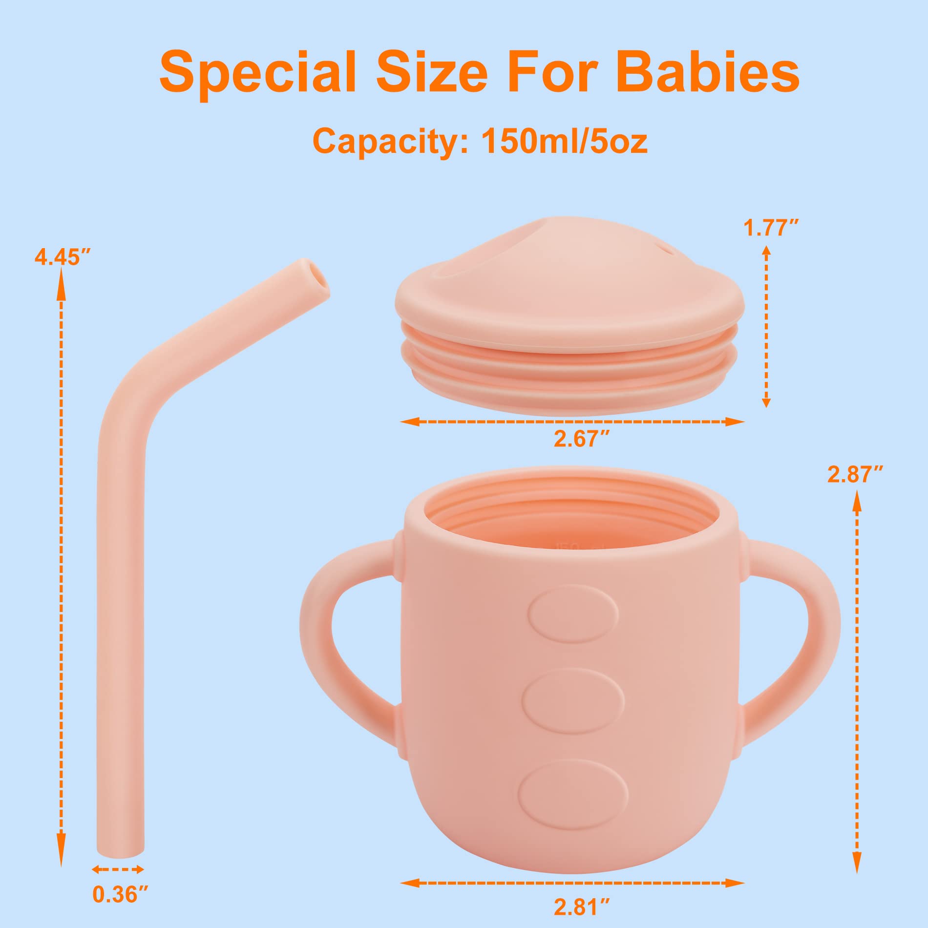 Rhswets Silicone Training Cups for Babies with Straw Lid, Spill Proof Toddler Sippy Cups, 6 months+ Infants Open Cup, 5oz, BPA Free (Pastel Salmon)