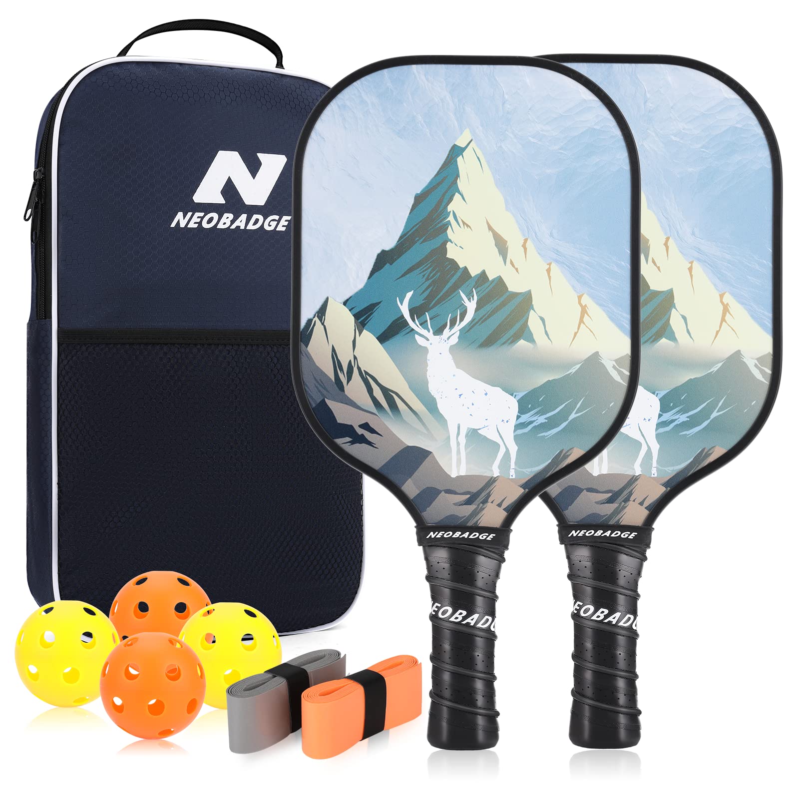 Neobadge Pickleball Paddles,Fiberglass Pickle Ball Paddle Set of 2 Rackets and 4 Pickle Balls+2 Replacement Soft Handle+1 Carrying Case,Best Pickleball Paddle Sets