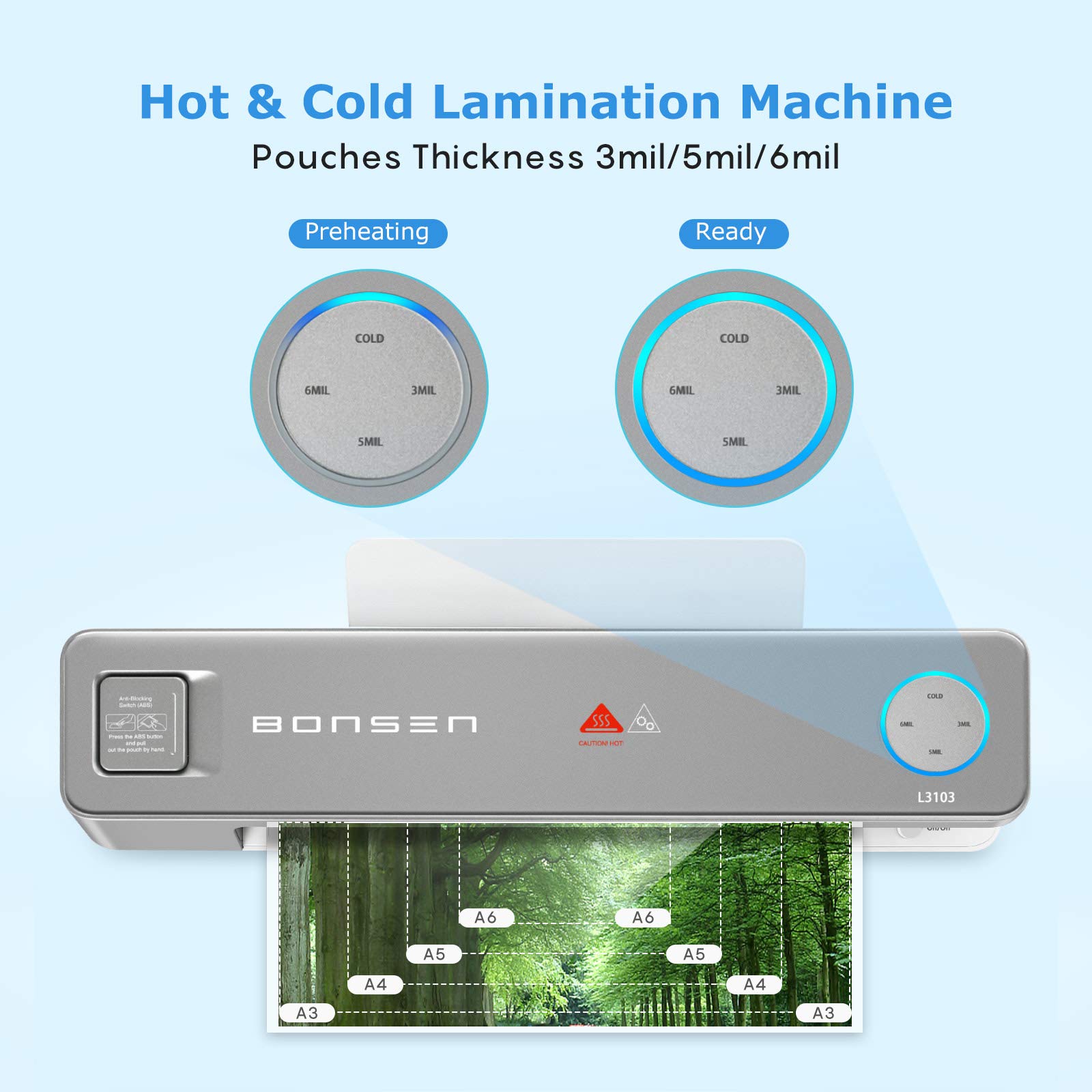 Laminator Machine with Laminating Sheets 50 Pouches, BONSEN 13 Inch Laminator, 4-in-1 Thermal Laminator with Paper Trimmer and Corner Rounder, A3 Hot Cold Laminating Machine for Home School Office Use